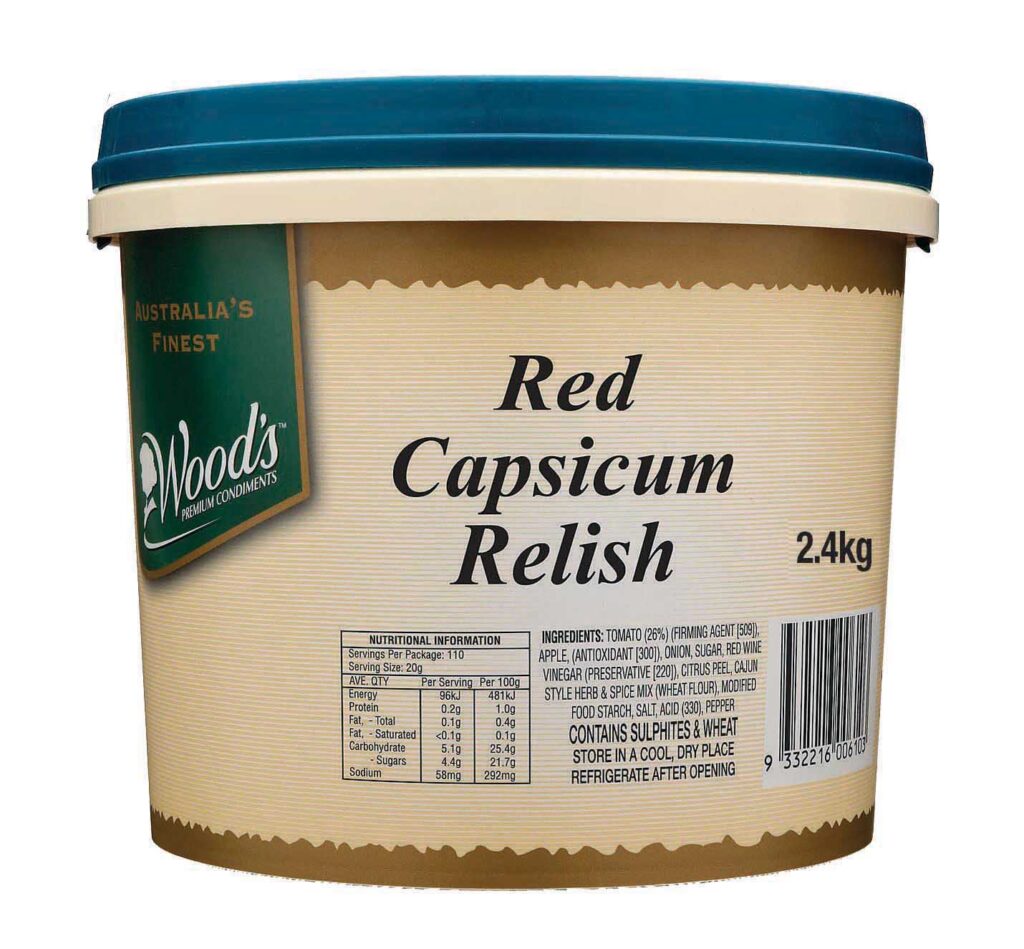 WOODS RED CAPSICUM RELISH 2.4KG GF - Brentcorp Foodservice & Bulk Barn